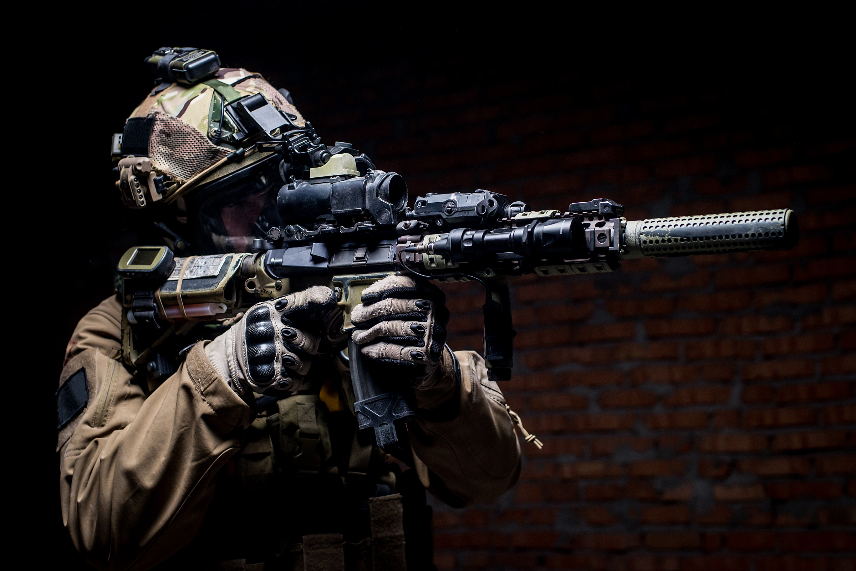 Spec Ops Soldier In Uniform With Assault Rifleman In Military Uniform With Assault Rifle Aiming